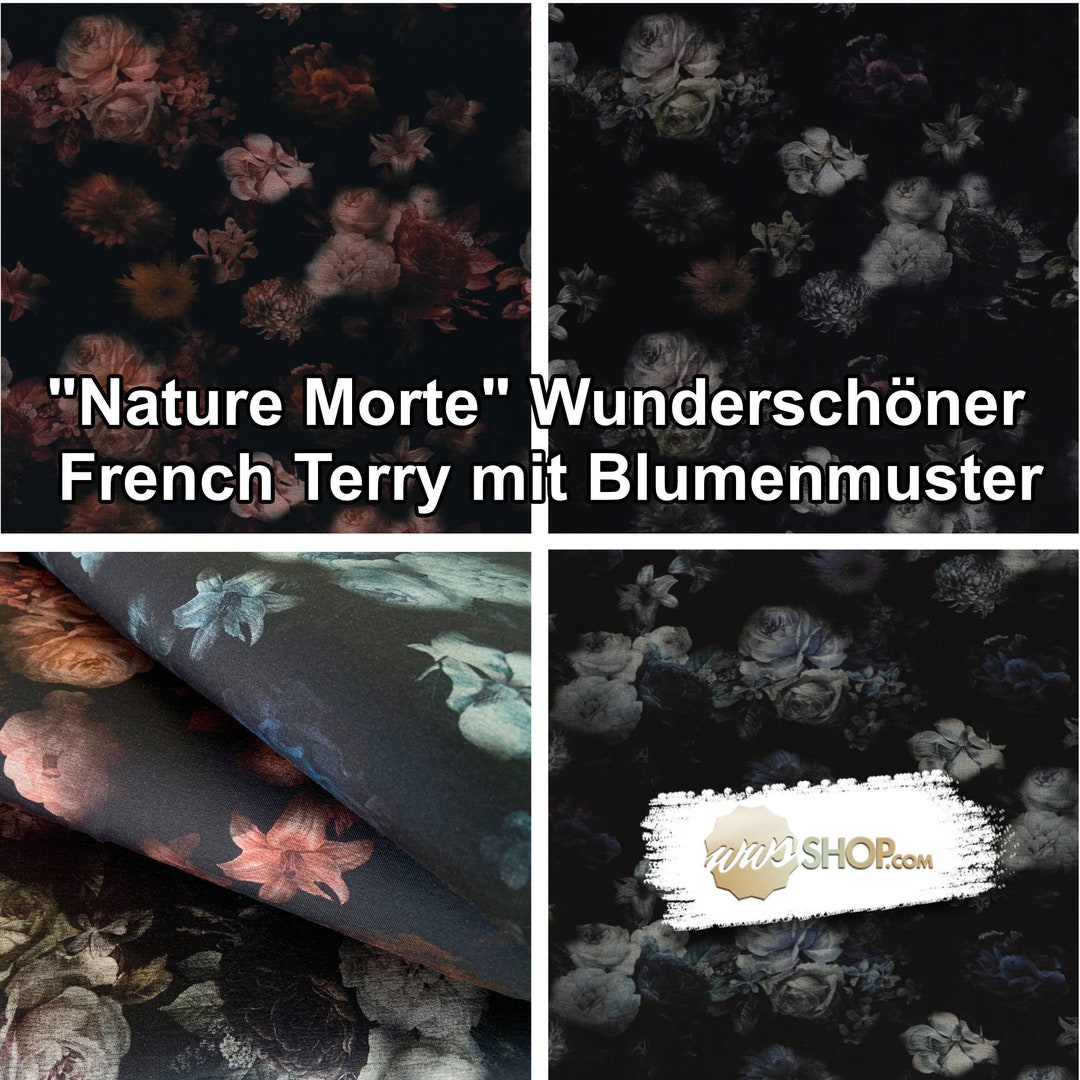 French Terry Summer Sweat Roses Red Blue Black Nature Morte Floral ...