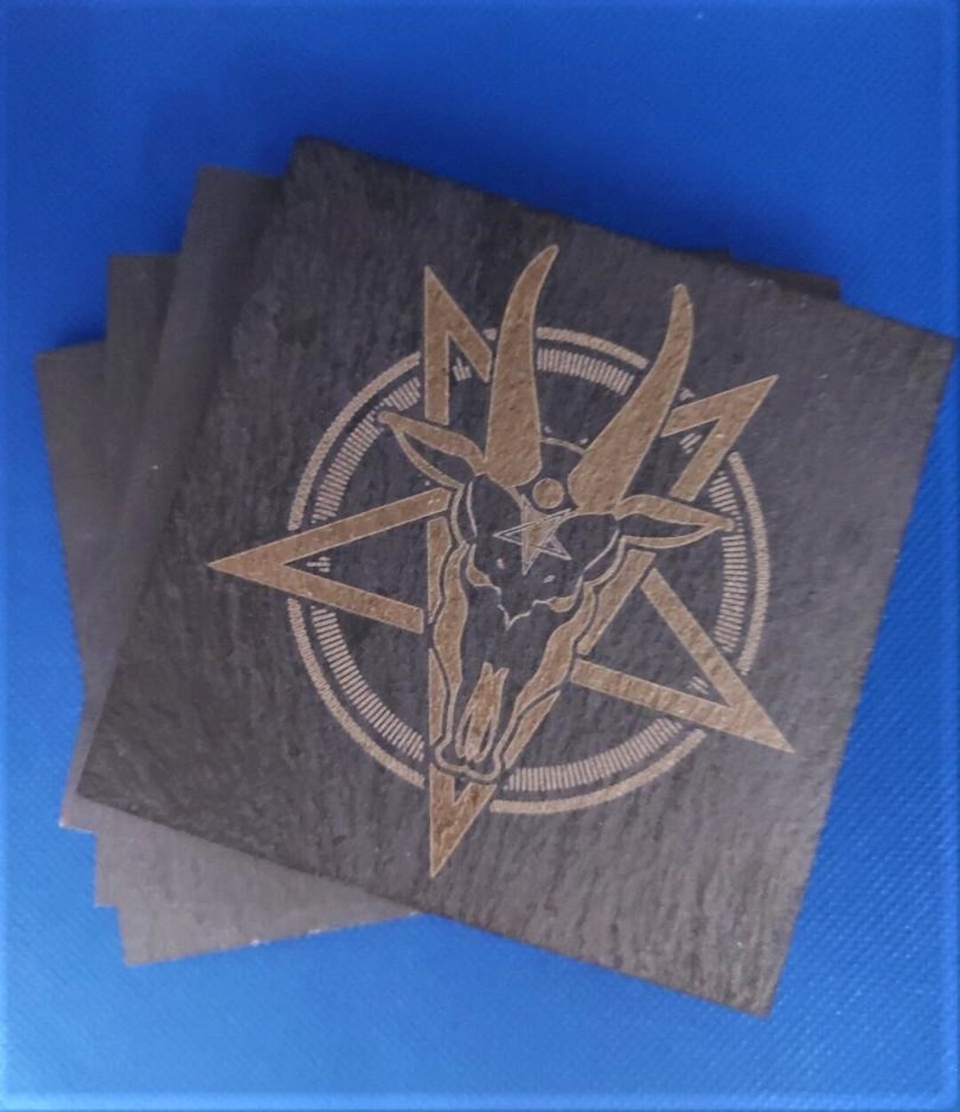 Handmade Engraved Pentagram Baphomet Set of 4 Slate Coasters Table ...