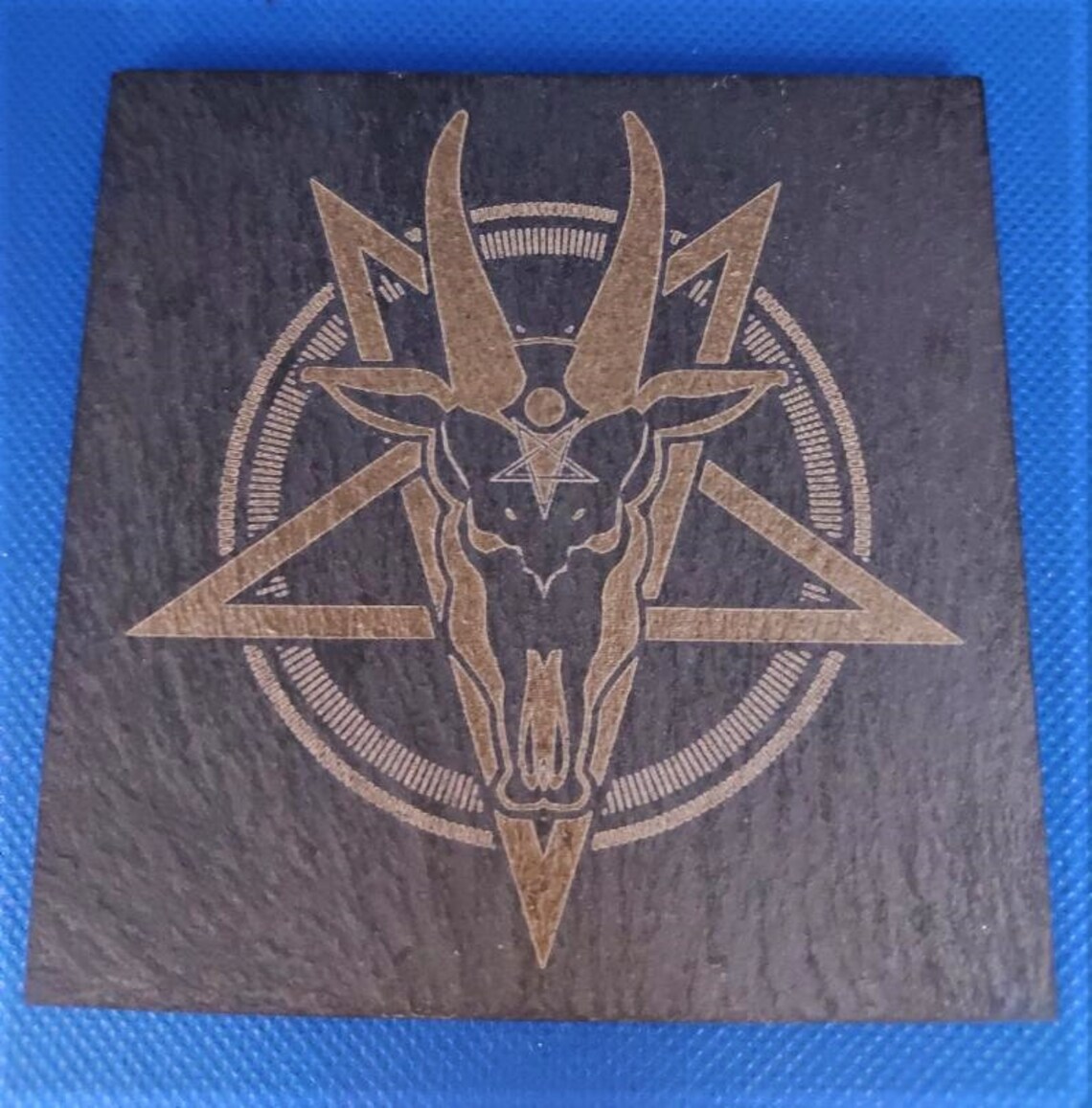 Handmade Engraved Pentagram Baphomet Set of 4 Slate Coasters Table ...