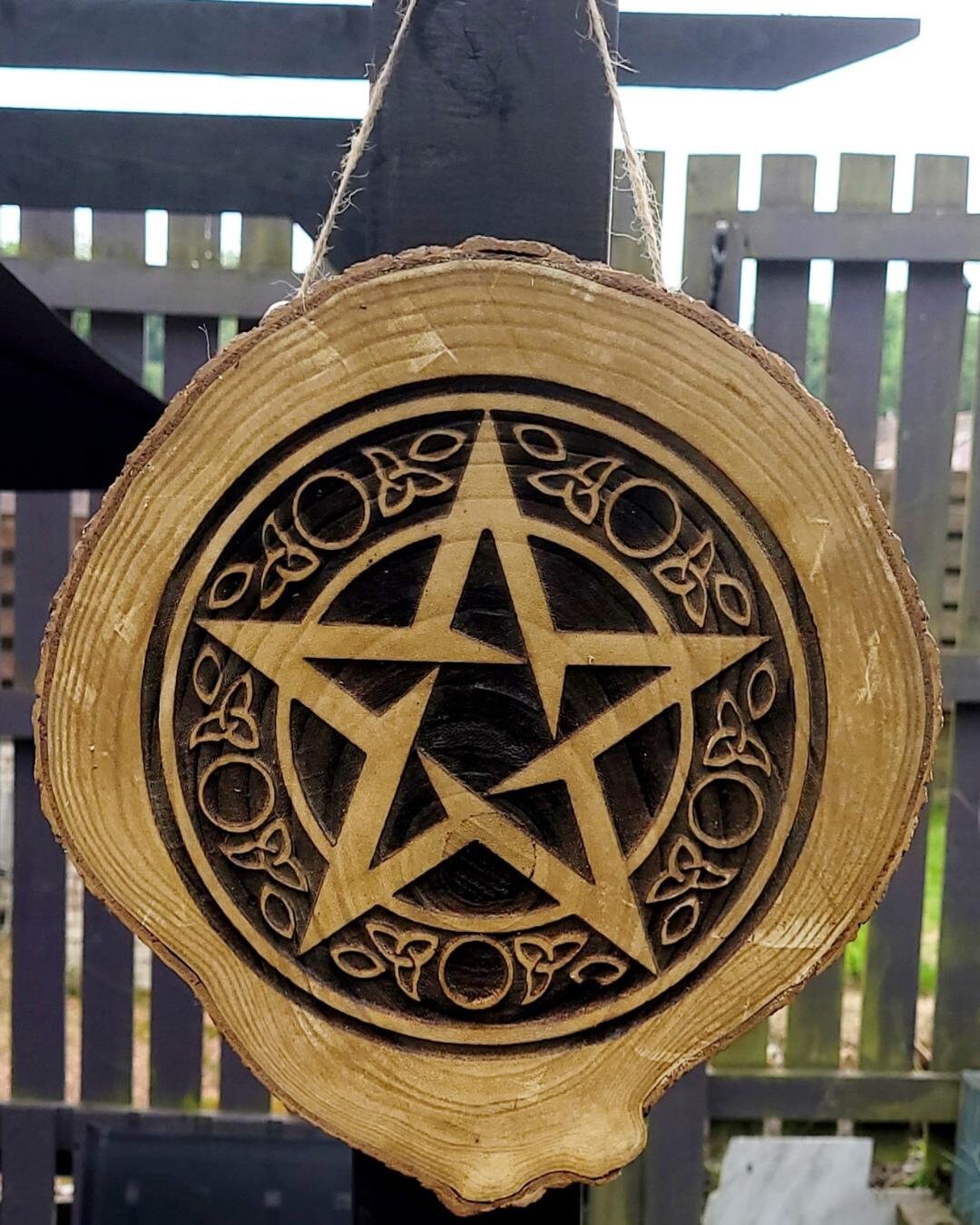Handmade Engraved Wooden Large Log Sign Plaque Pentagram Witch Wicca ...