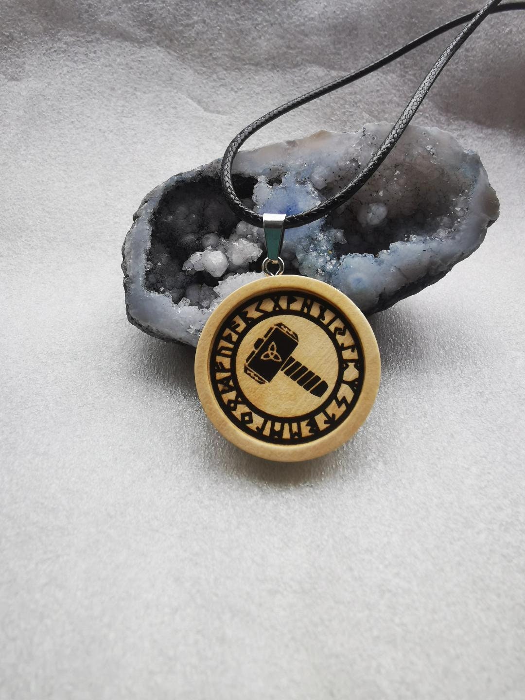Handmade Wooden Thor Hammer Engraved Charm Pendant Necklace Medallion ...