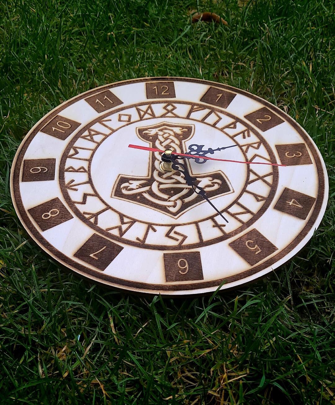 Handmade Engraved Wooden Wall Clock Viking Thor Hammer Mjolnir Runic ...