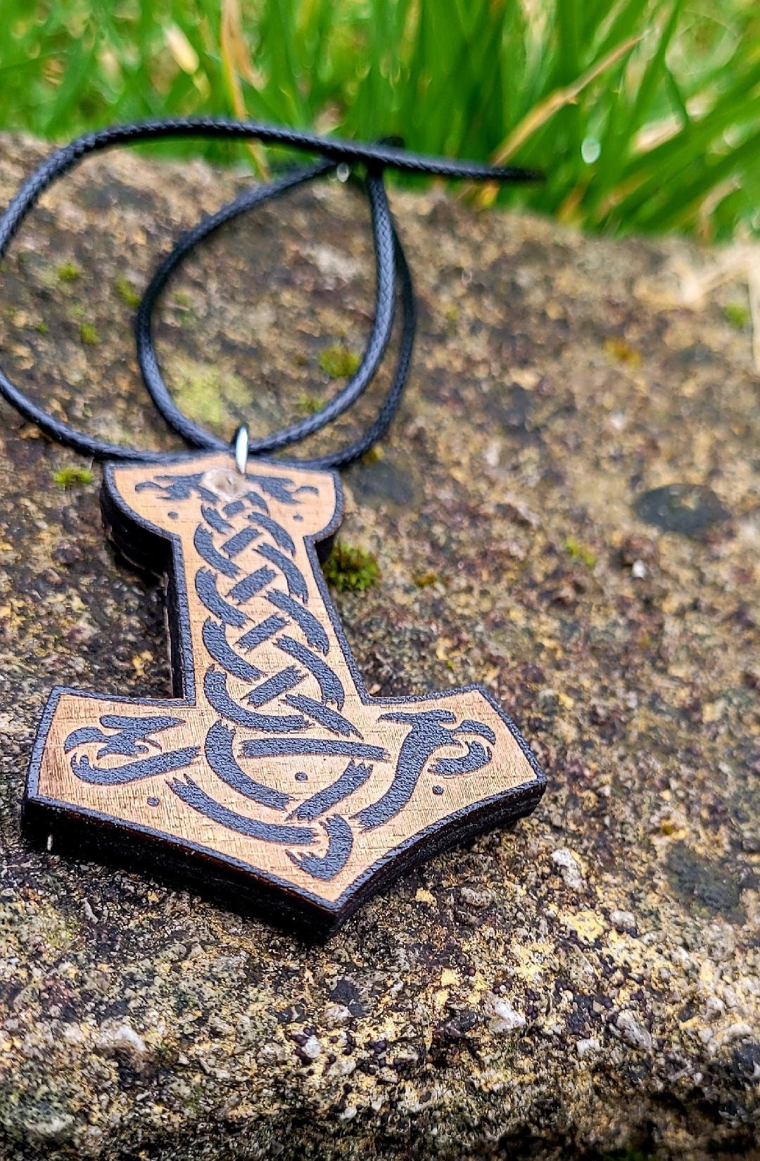 Handmade Wooden Viking Mjölnir Thor's Hammer Engraved Charm Pendant ...