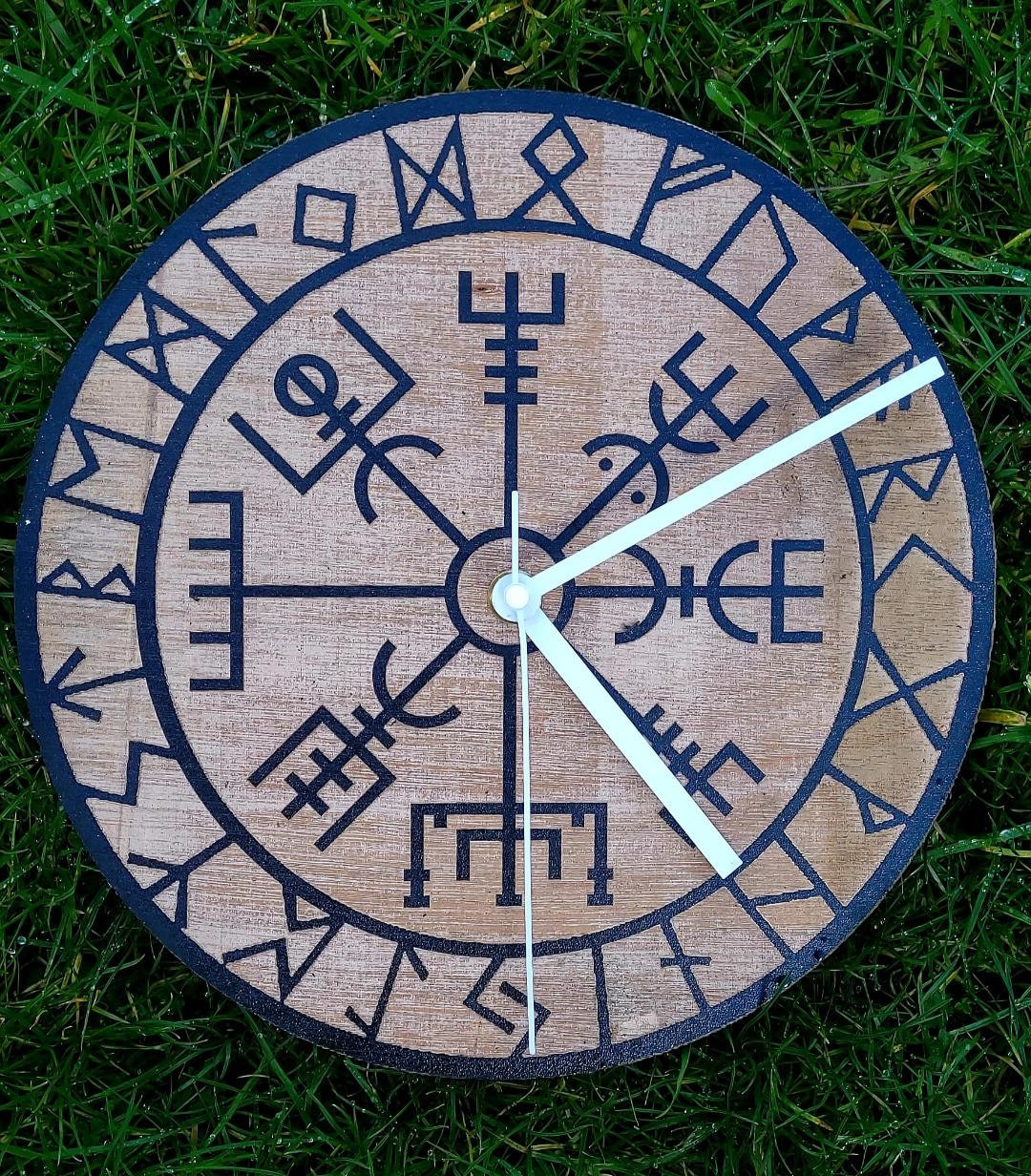 Handmade Engraved Wooden Wall Clock Viking Vegvisir Runic Compass ...