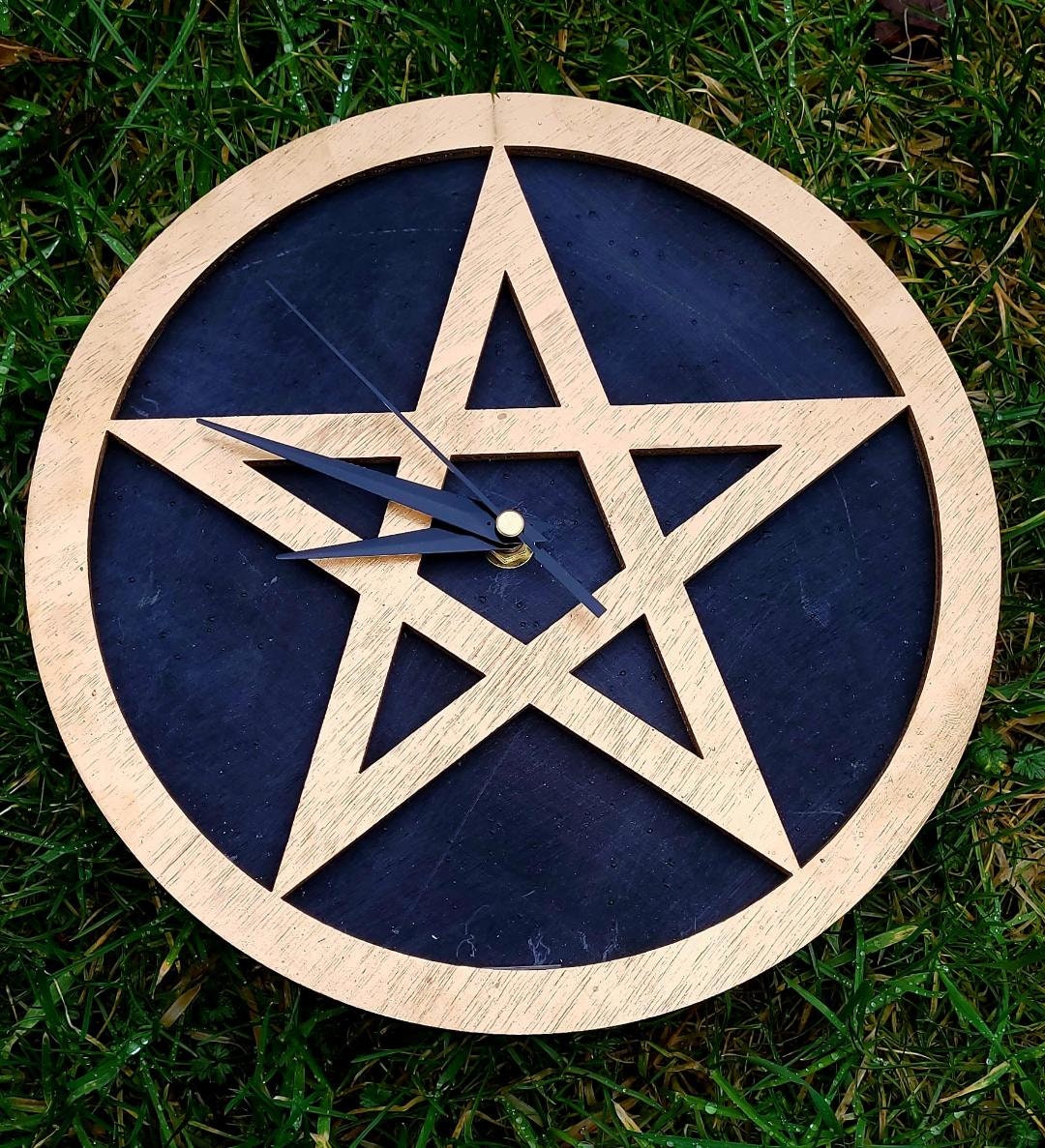 2 Layers Handmade Wooden Wall Clock Viking Pentagram Gothic Wicca Witch ...