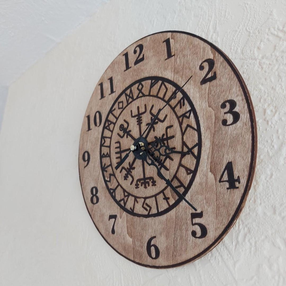Handmade Engraved Wooden Wall Clock Viking Vegvisir Runic Compass ...