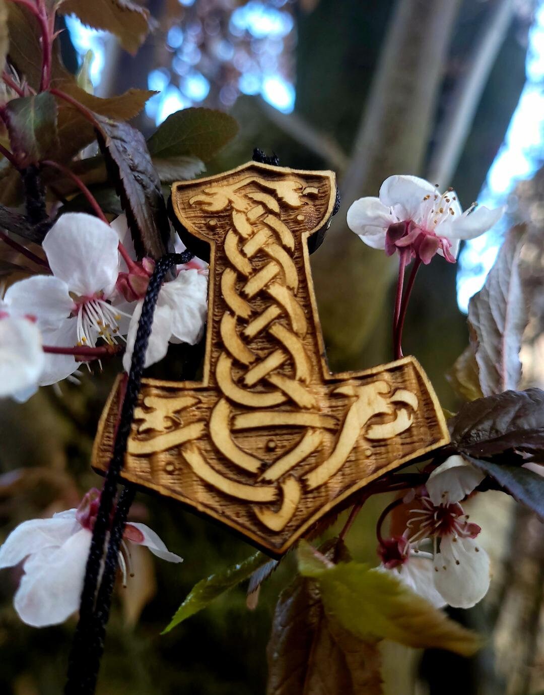 Handmade Wooden Viking Mjölnir Thor's Hammer Engraved Charm Pendant ...
