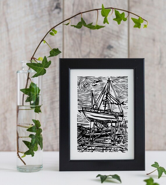 Linocut Print boat in the Sky | Etsy
