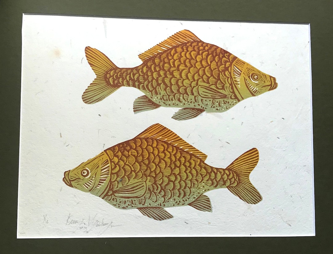 The Linocut Print_original Print_the Fish_ Golden Fish_ Carp - Etsy