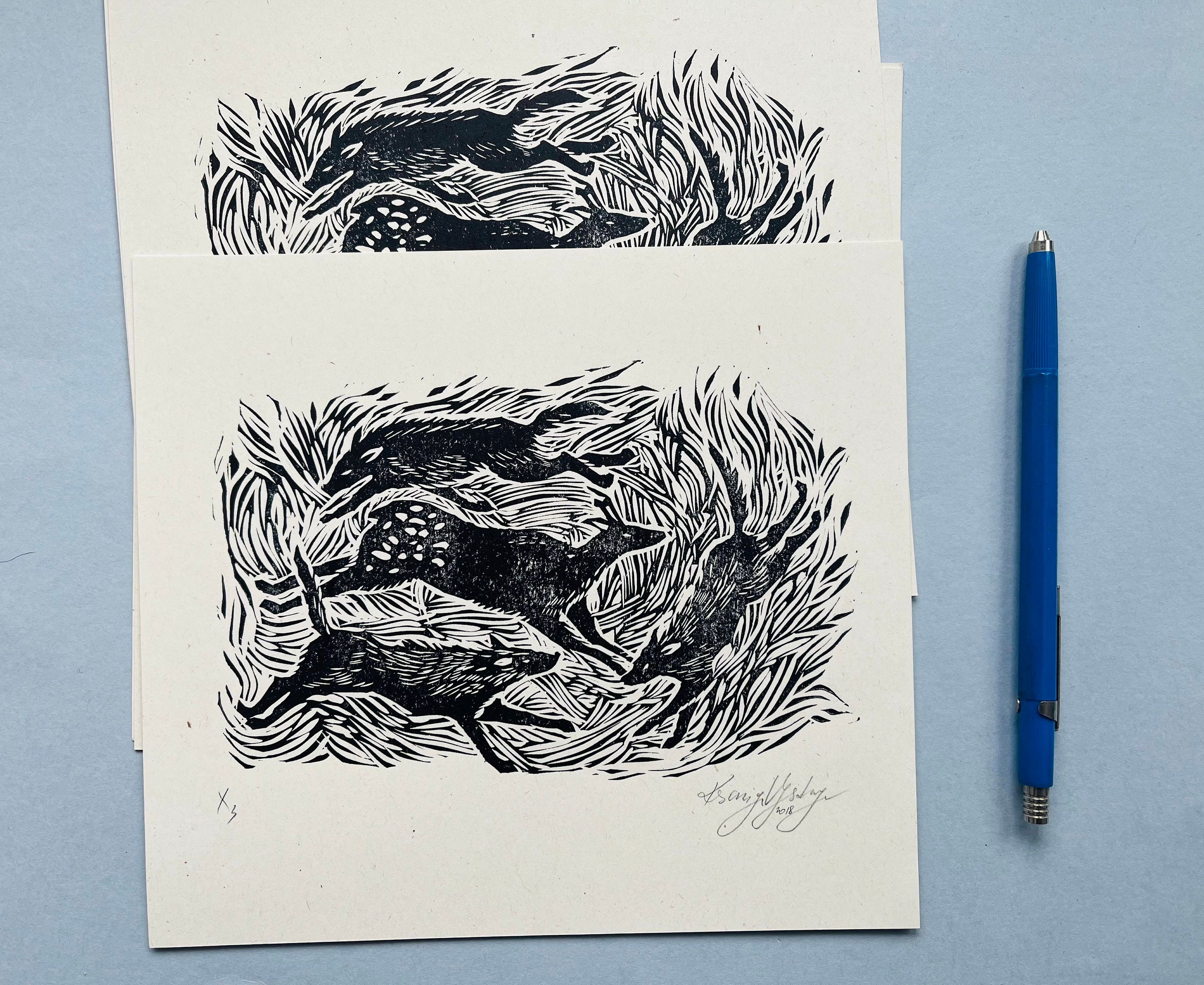 Original Linocut Print "hunting Ii" -wolf, Deer, Nature - Etsy