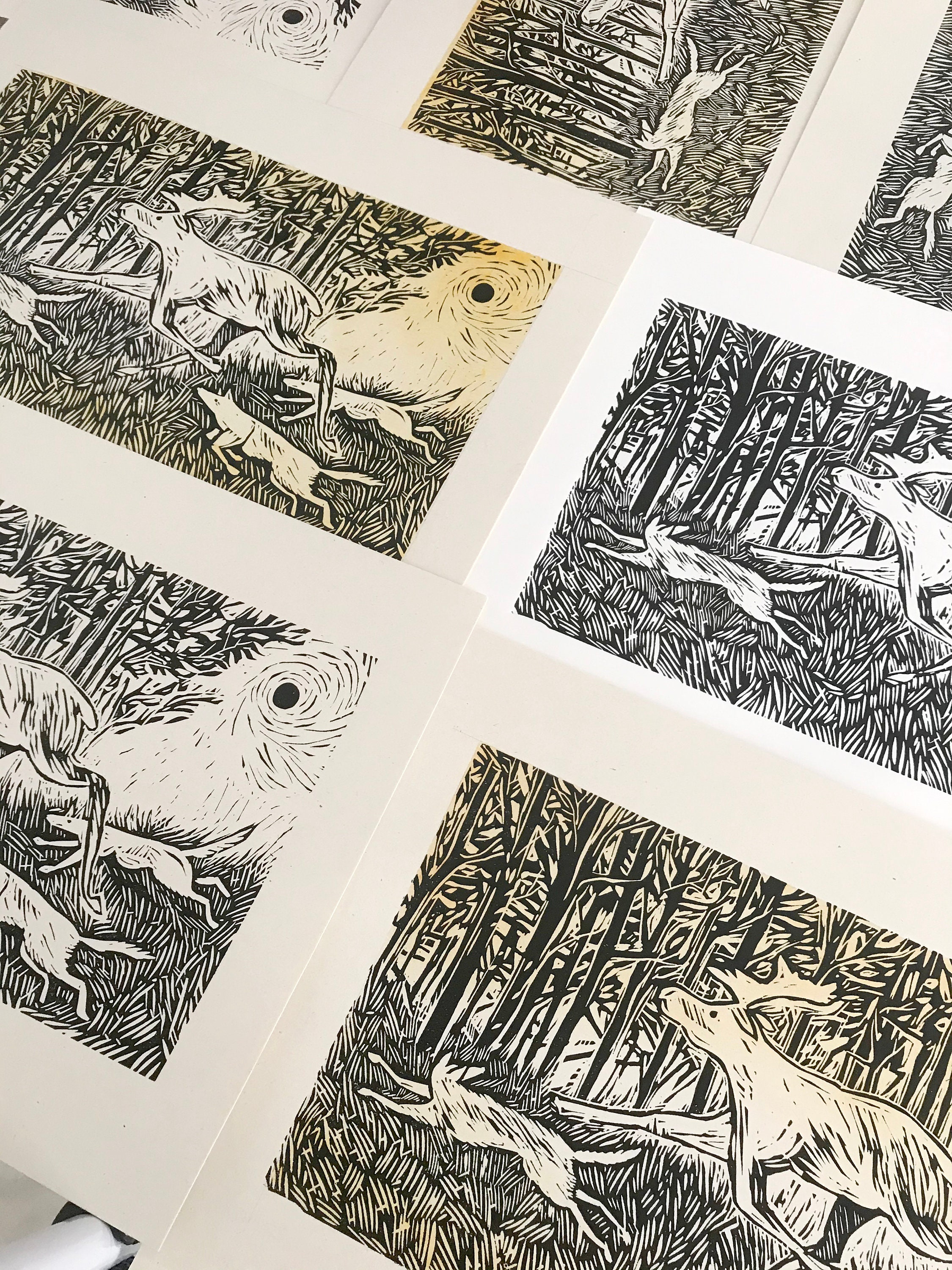 Linocut Print - Hide in the Forest- Printmaking Original Work. Original ...
