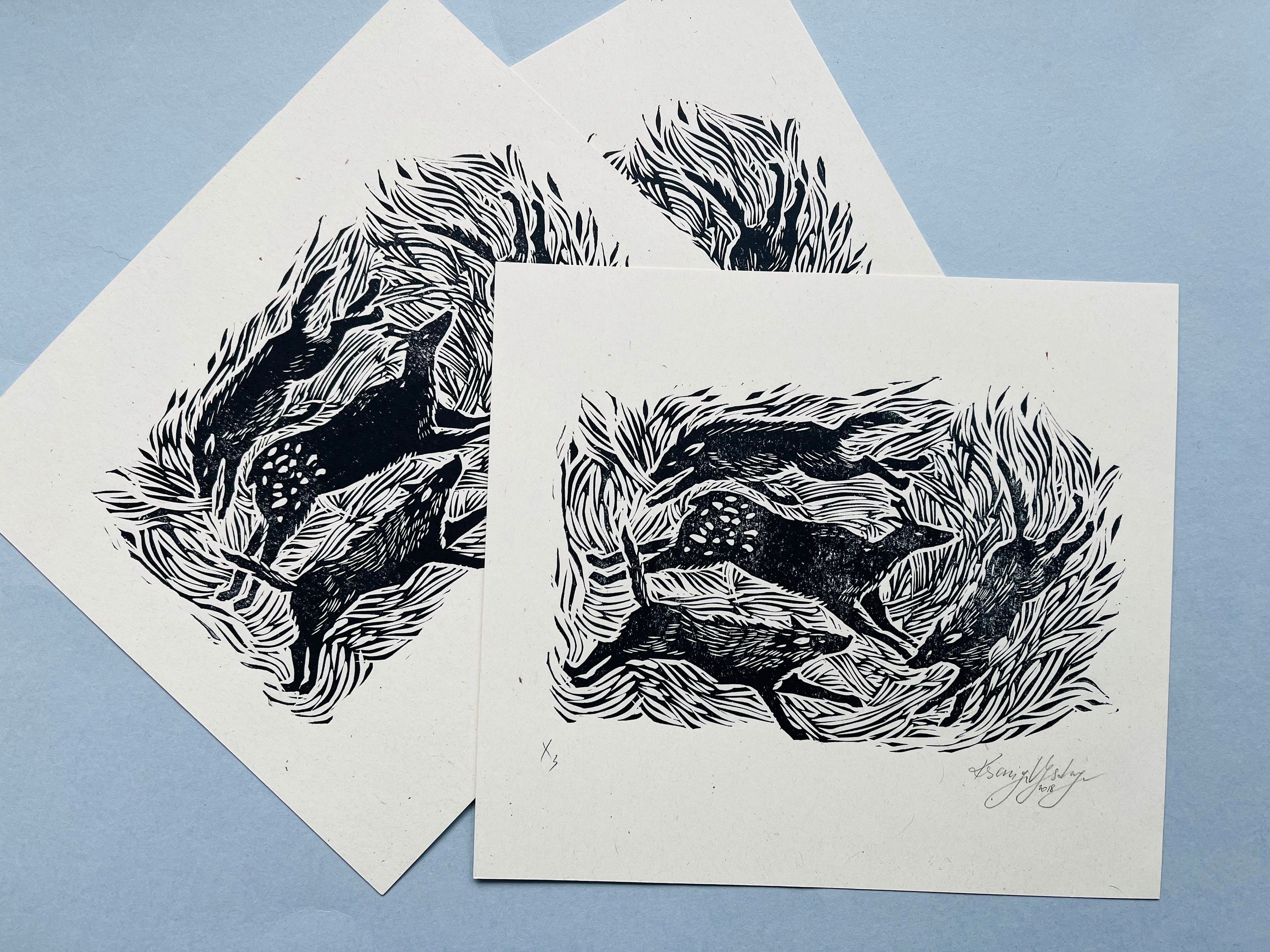 Original Linocut Print "hunting Ii" -wolf, Deer, Nature - Etsy