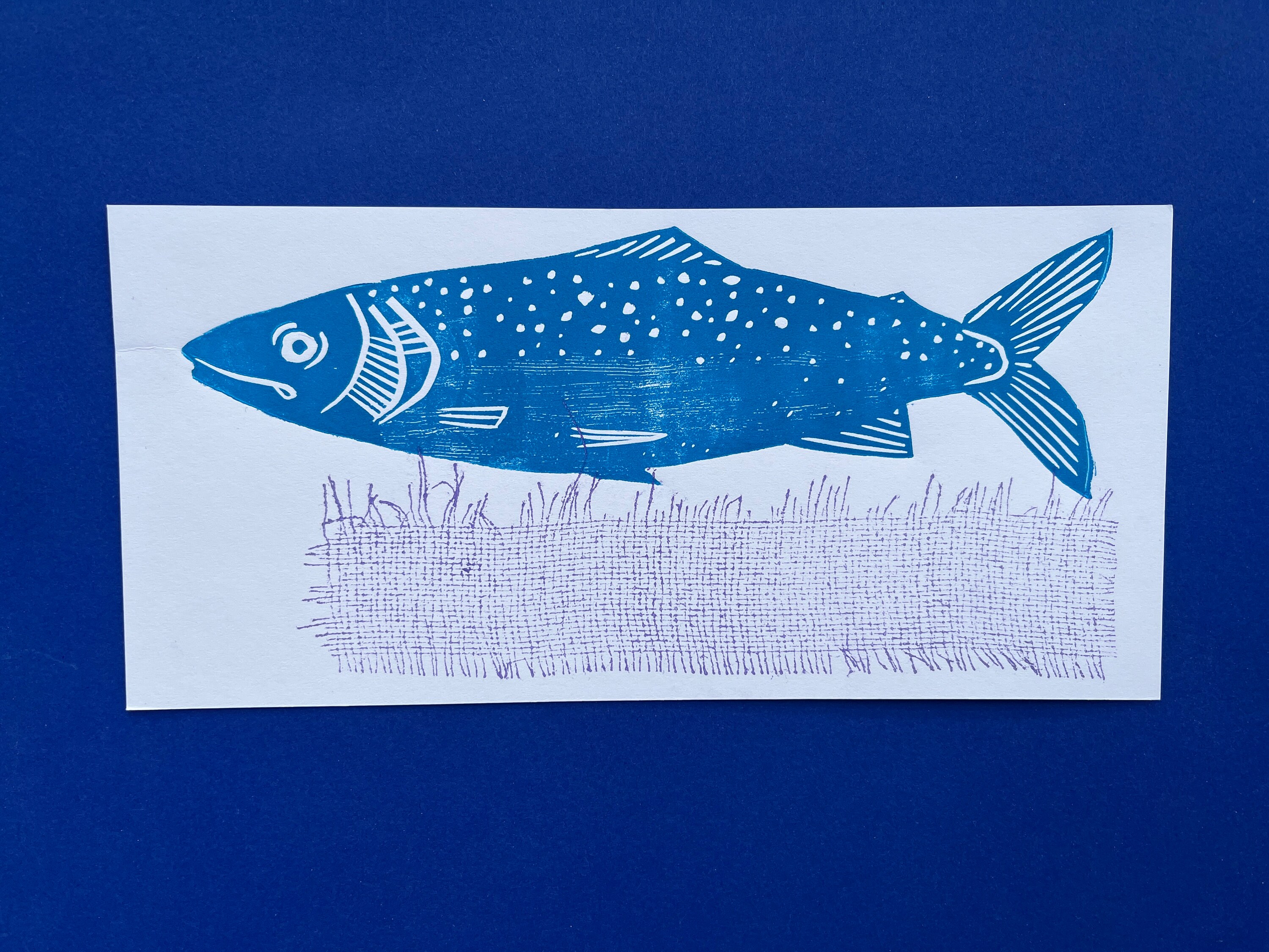 Original Linocut Print "blue Cyan Fish" Original Print/postcard ...