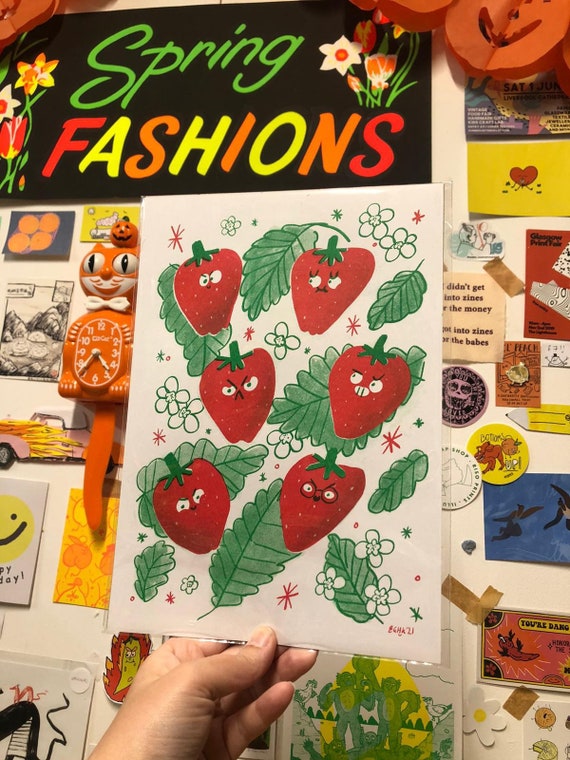 Cute Strawberry Patch Happy Cute Fruit A4 Risograph Print | Etsy