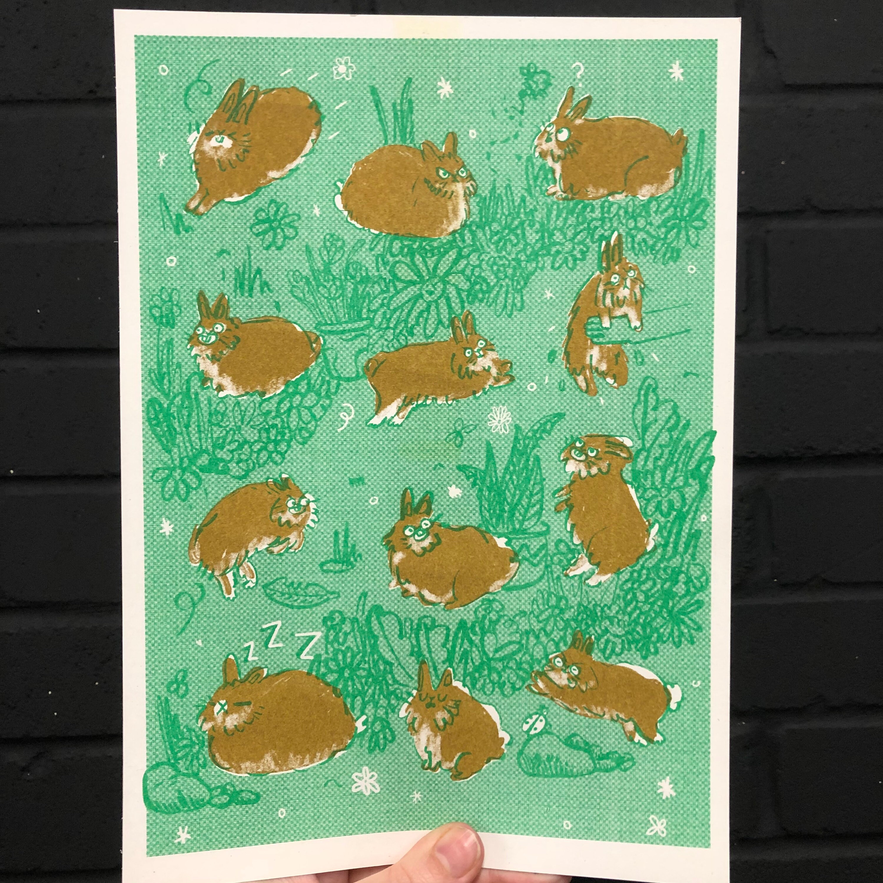 Cute Rabbit Henderson Risograph Print Green and Gold Bunny | Etsy