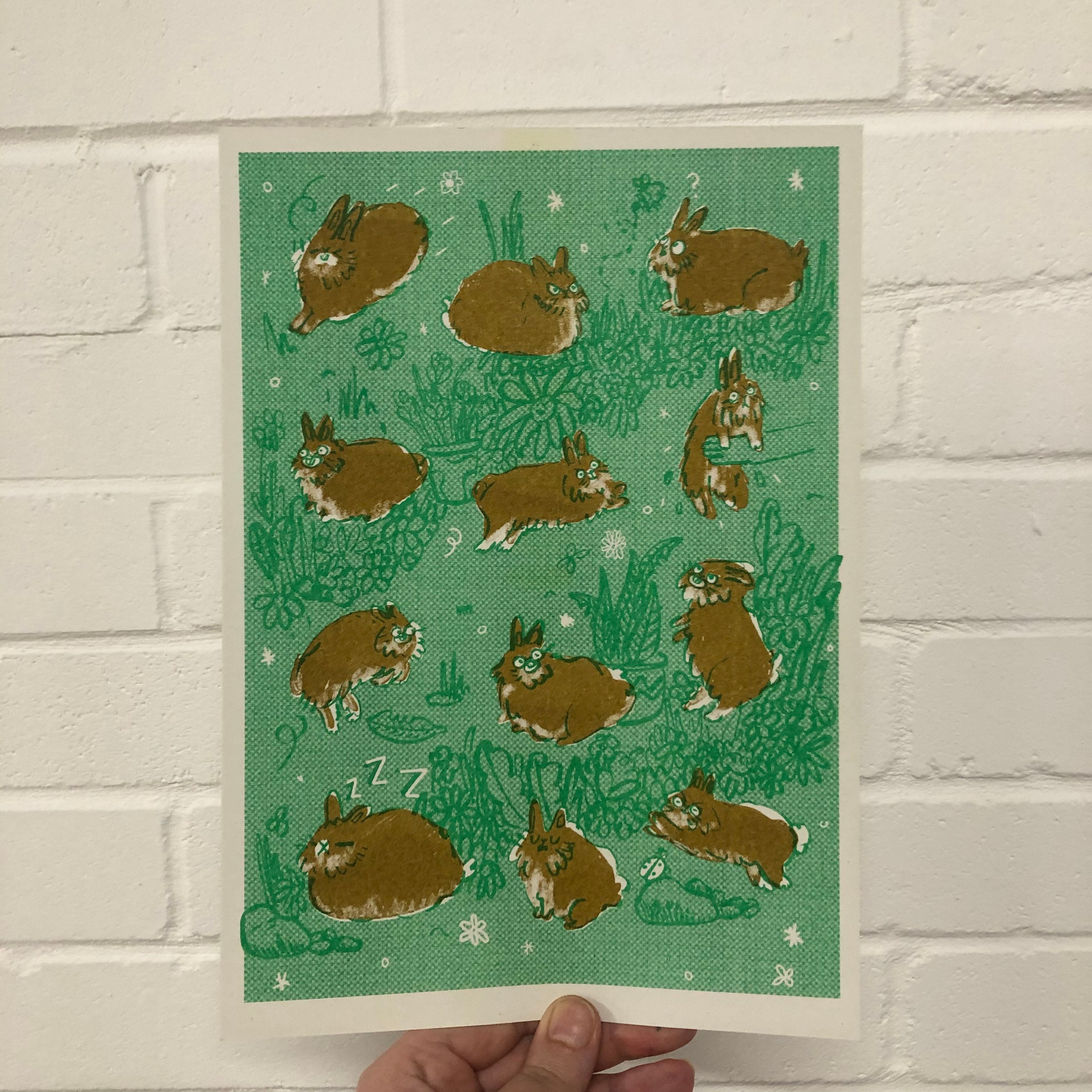 Cute Rabbit Henderson Risograph Print Green and Gold Bunny | Etsy