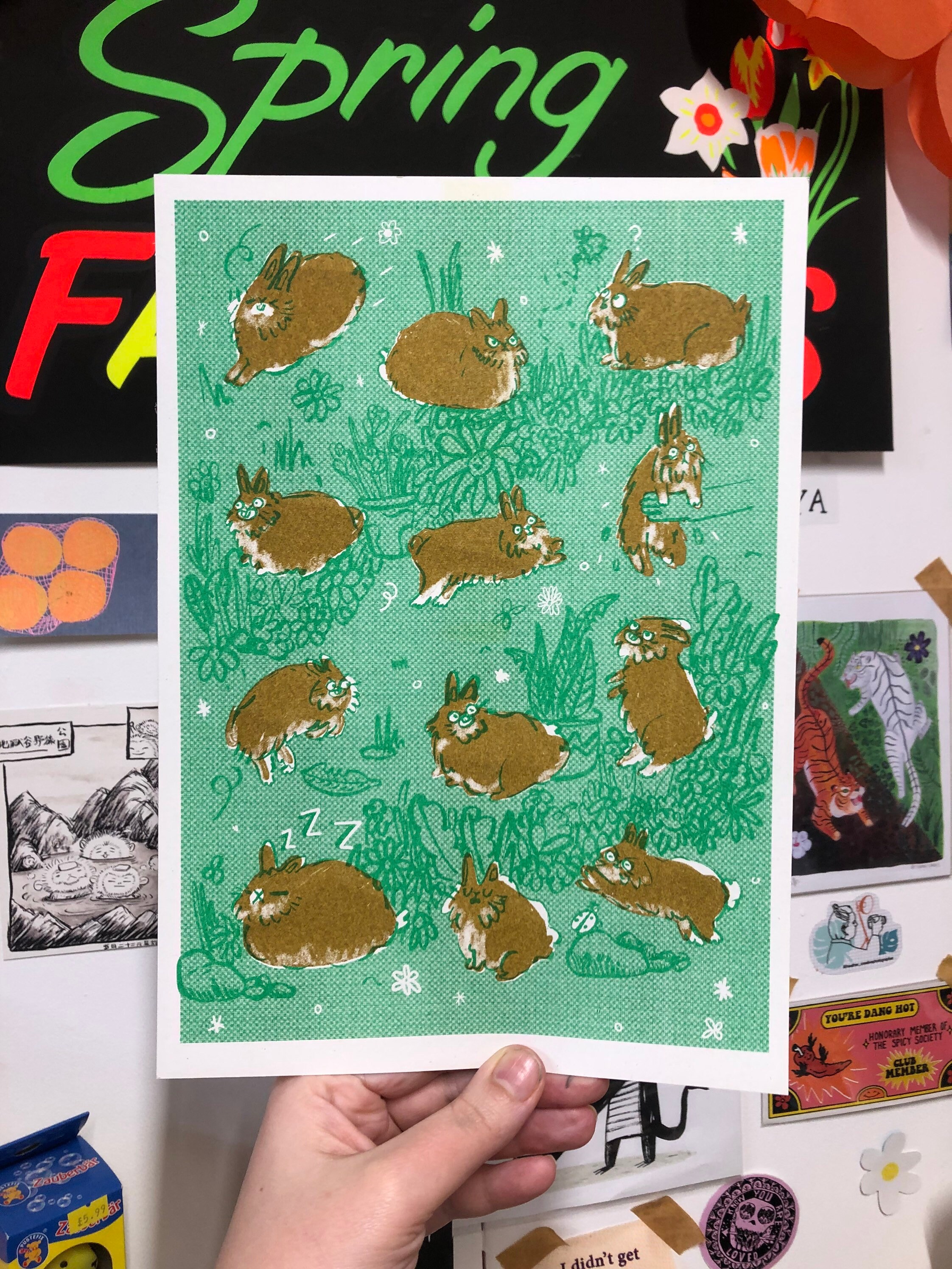 Cute Rabbit Henderson Risograph Print Green and Gold Bunny | Etsy