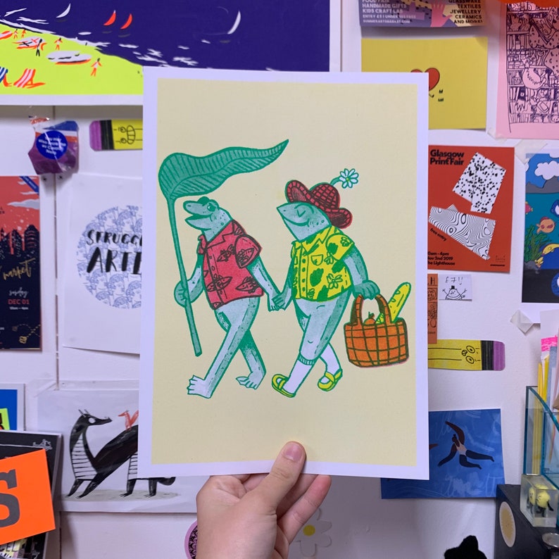Cute Frogs on A Date Love Toad A4 Risograph Print | Etsy UK