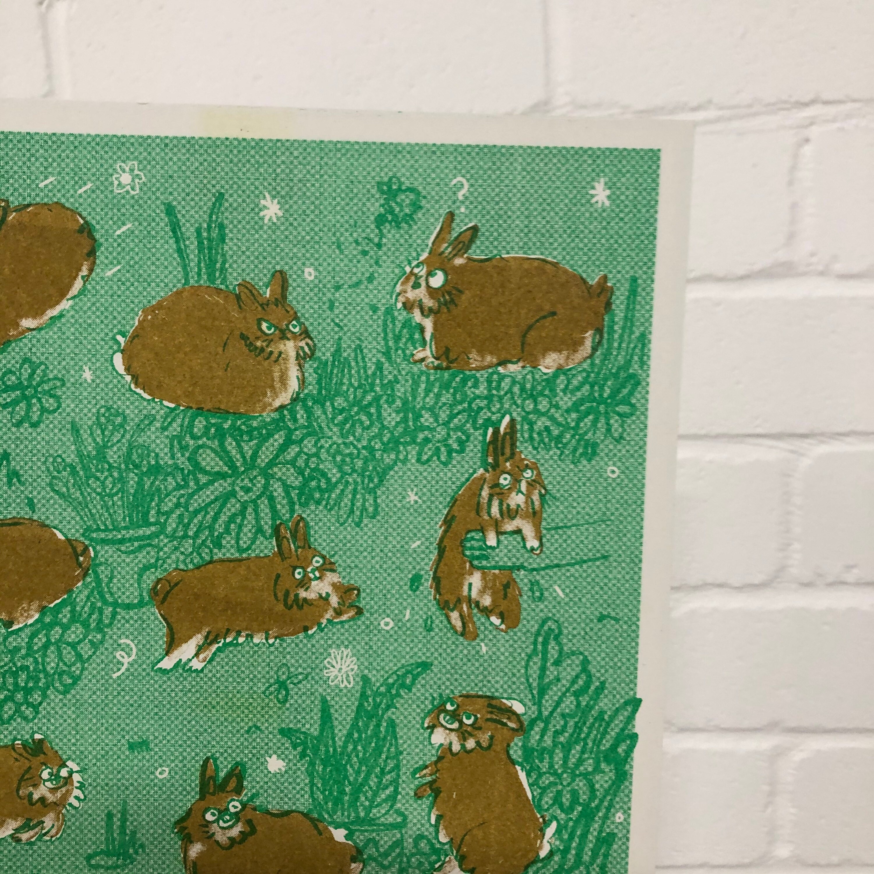 Cute Rabbit Henderson Risograph Print Green and Gold Bunny | Etsy