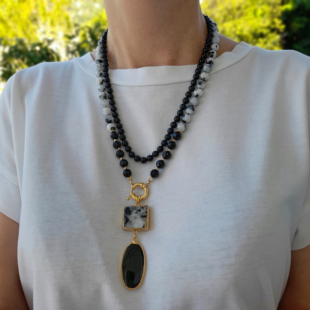 Moonstone Black Onyx Modern Large Necklace Chunky Bold Necklace ...