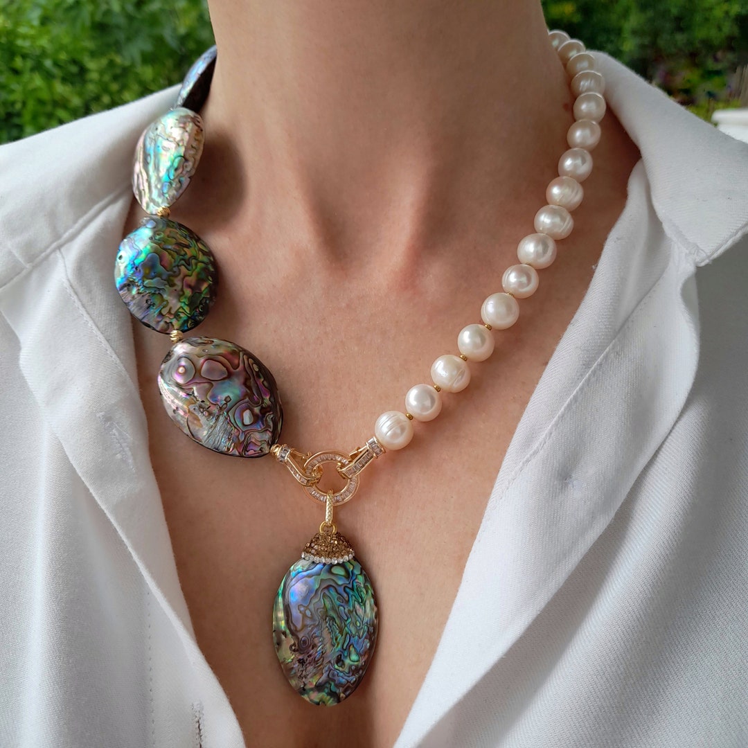 Abalone Pearl Necklace Statement Big Bold Bead Wedding Necklace Large ...