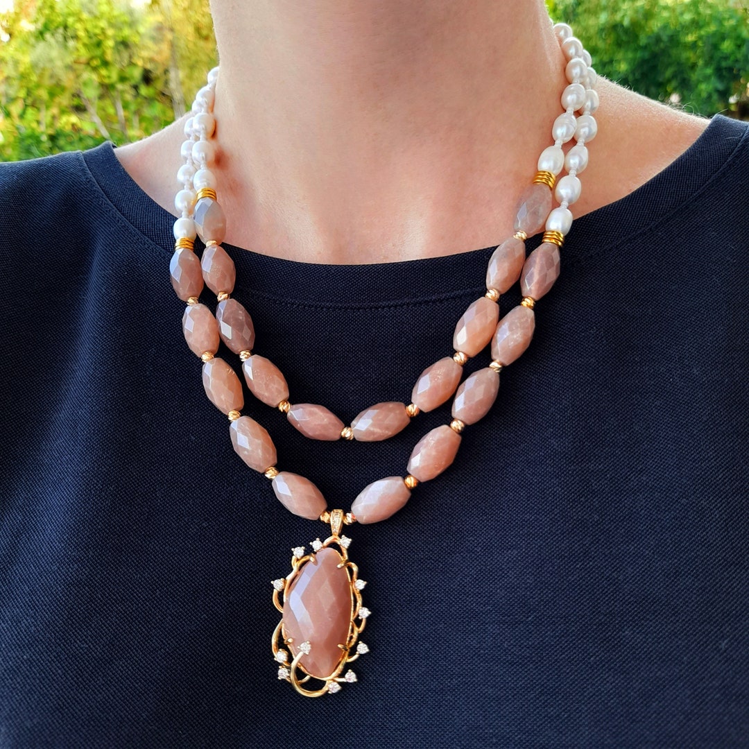 Sunstone Pearl Necklace Chunky Statement Gemstone Necklace - Etsy