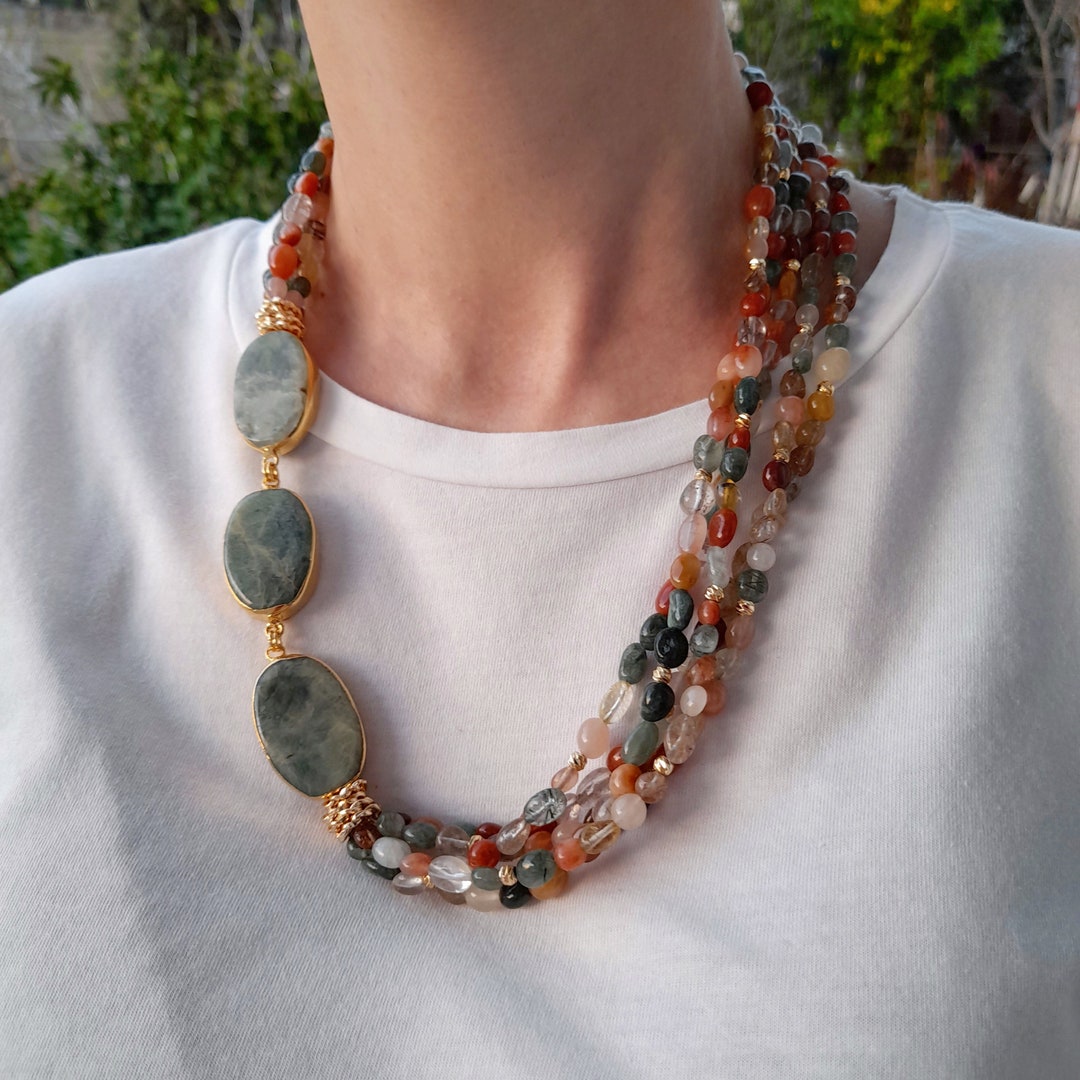 Retro Necklace Raw Crystal Elegant Necklace Green Orange Multistrand ...