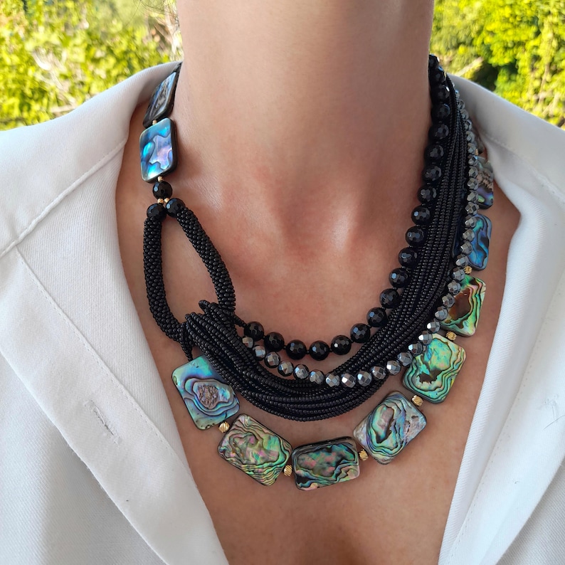 Large Abalone Black Onyx Hematite Modern Gemstone Necklace Birthday or ...