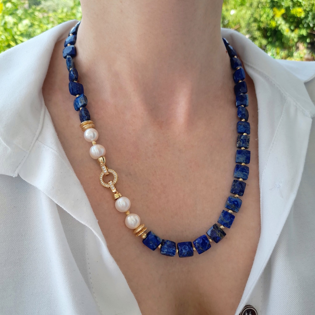 Lapis Lazuli Pearl Necklace Elegant Statement Necklace Women Chunky ...