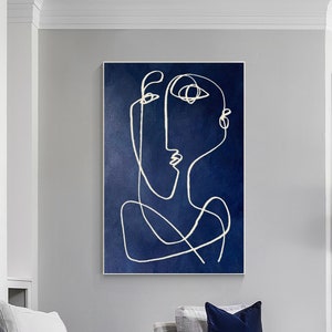 Picasso Style Navy Blue Line Art, Modern Textured Abstract Painting on ...