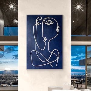 Picasso Style Navy Blue Line Art, Modern Textured Abstract Painting on ...