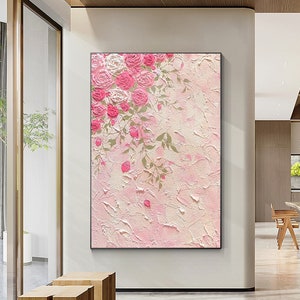 Original Pink Flowers Rose Painting, 3D Texture Flower Painting on ...