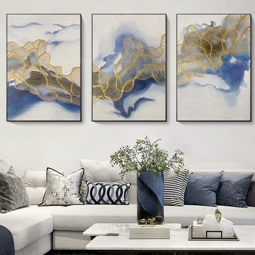 Set of 3 Pieces Framed Wall Art Abstract Painting Gold Navy | Etsy