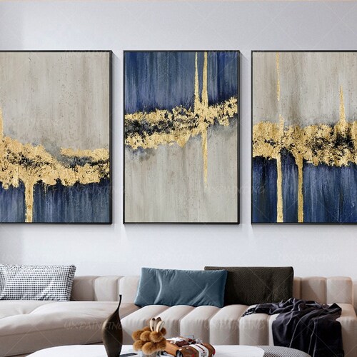 Set of 3 Dark Blue Abstract Painting Silver Textures Framed - Etsy