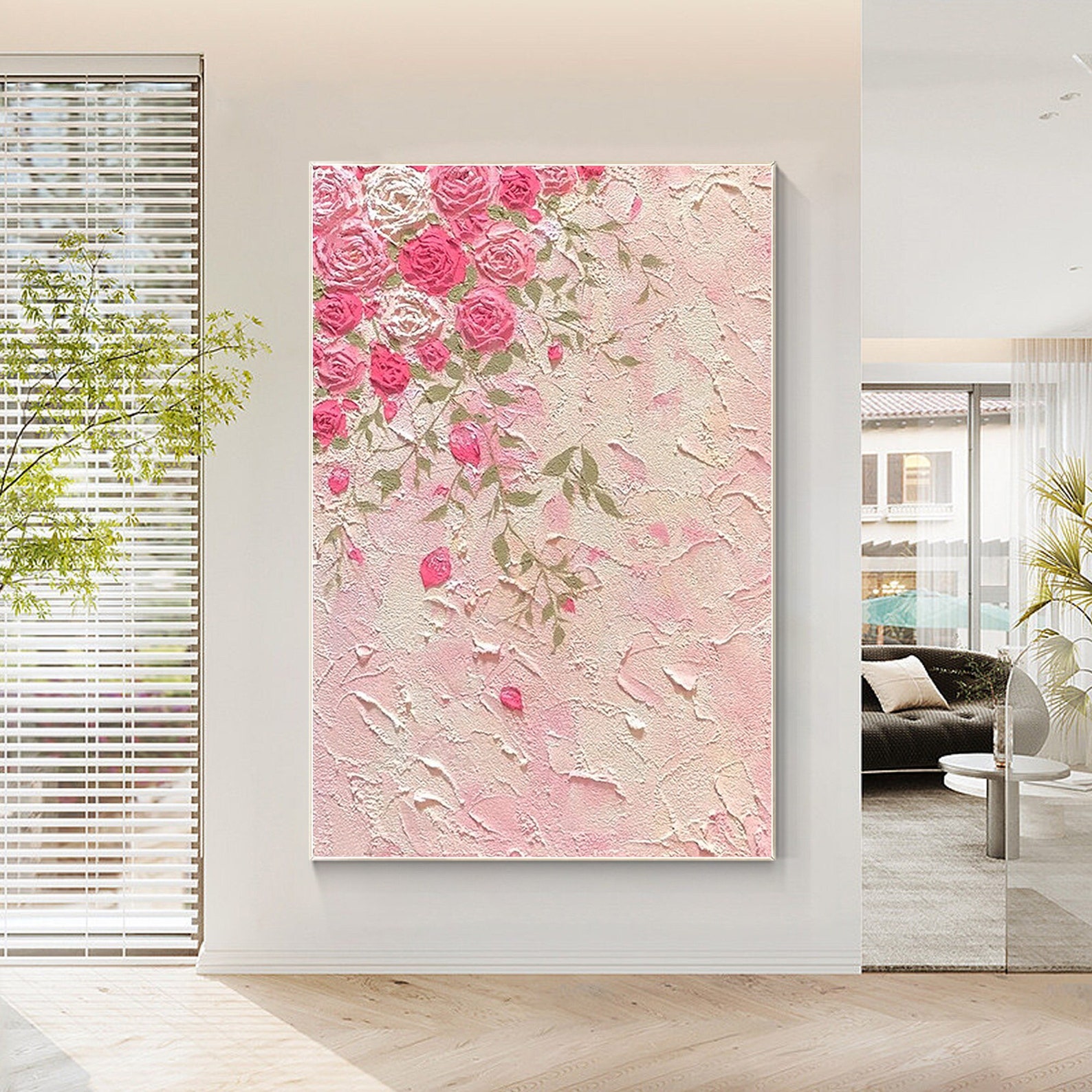 Original Pink Flowers Rose Painting, 3D Texture Flower Painting on ...