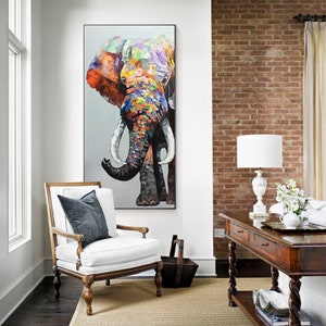 Elephant Painting on Canvas, Elephant Wall Art, Long Vertical Extra ...