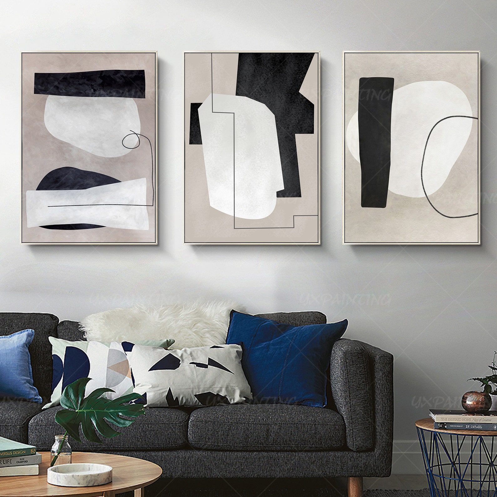 3 Pieces Geometric Framed Texture Wall Art White Black Gray - Etsy