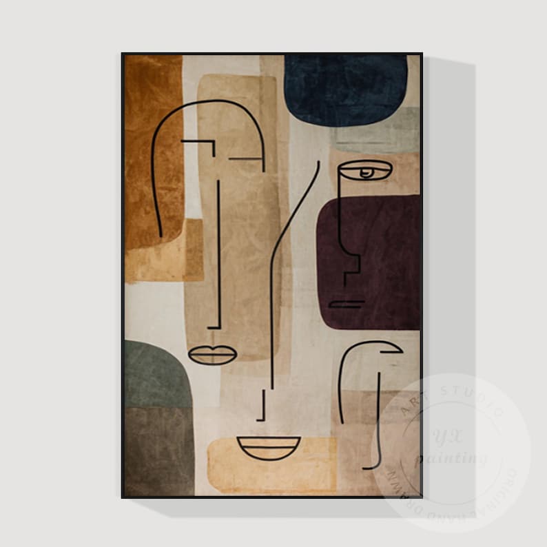 Minimalist Abstract Geometric Face Art on Canvas, Large Modern Portrait ...
