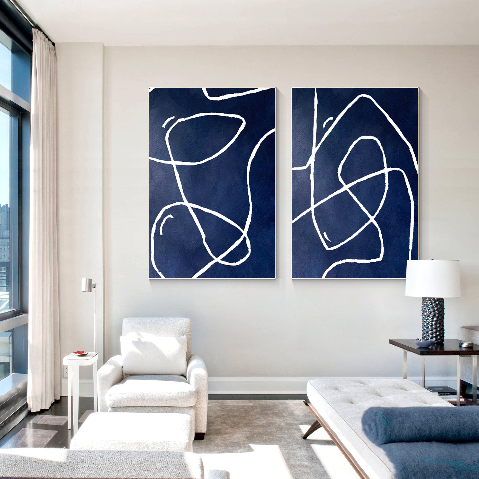 Navy Blue Abstract Line Art Set: Modern Framed Canvas Painting - Etsy