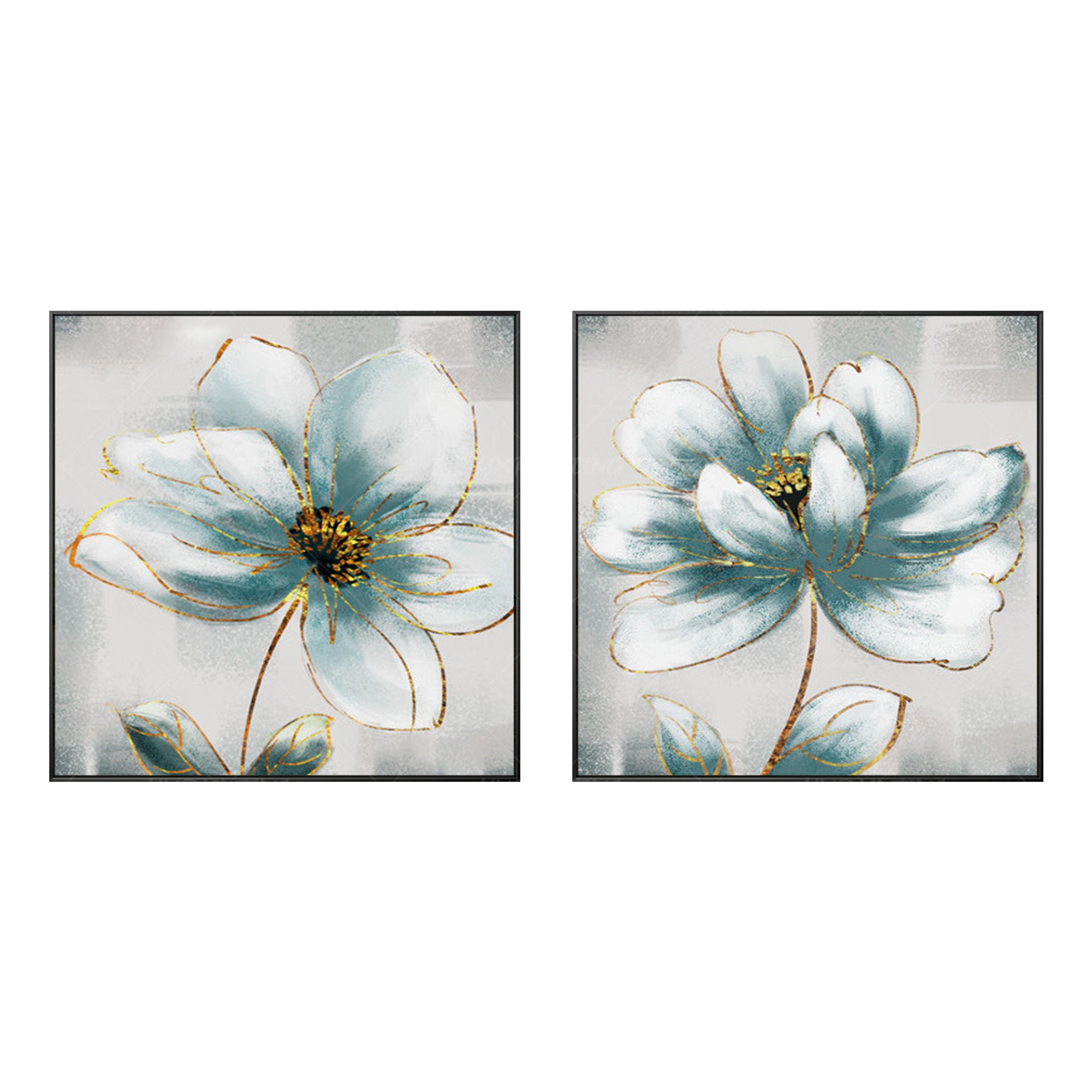 Frame painting abstract floral Original Gold line blue Acrylic | Etsy