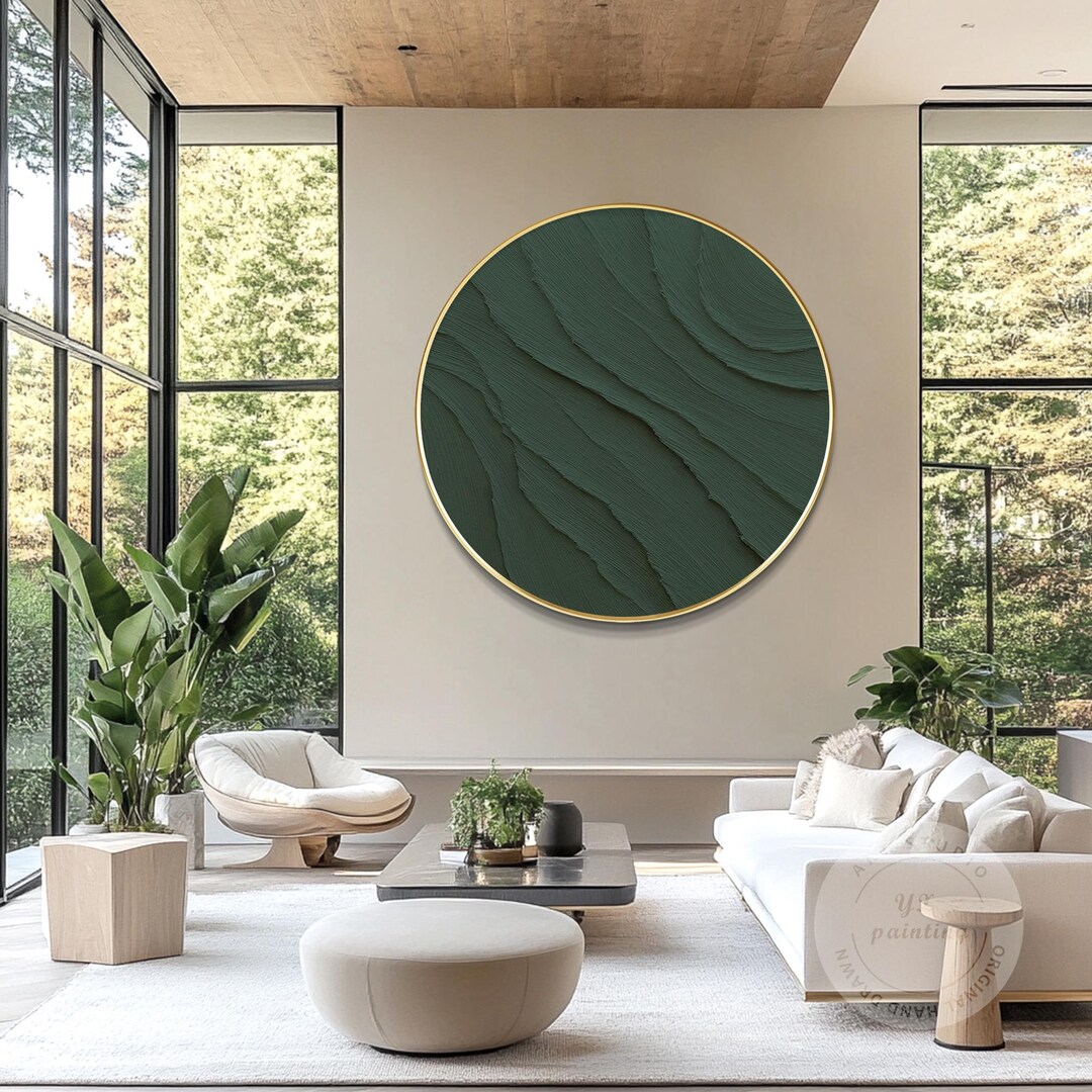 Dark Green Ocean Waves Round 3D Texture Wall Art Framed, Minimalist ...