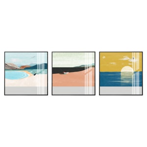 Framed Wall Art Set of 3 Prints Coral Pink Sea Navy Blue Landscape ...