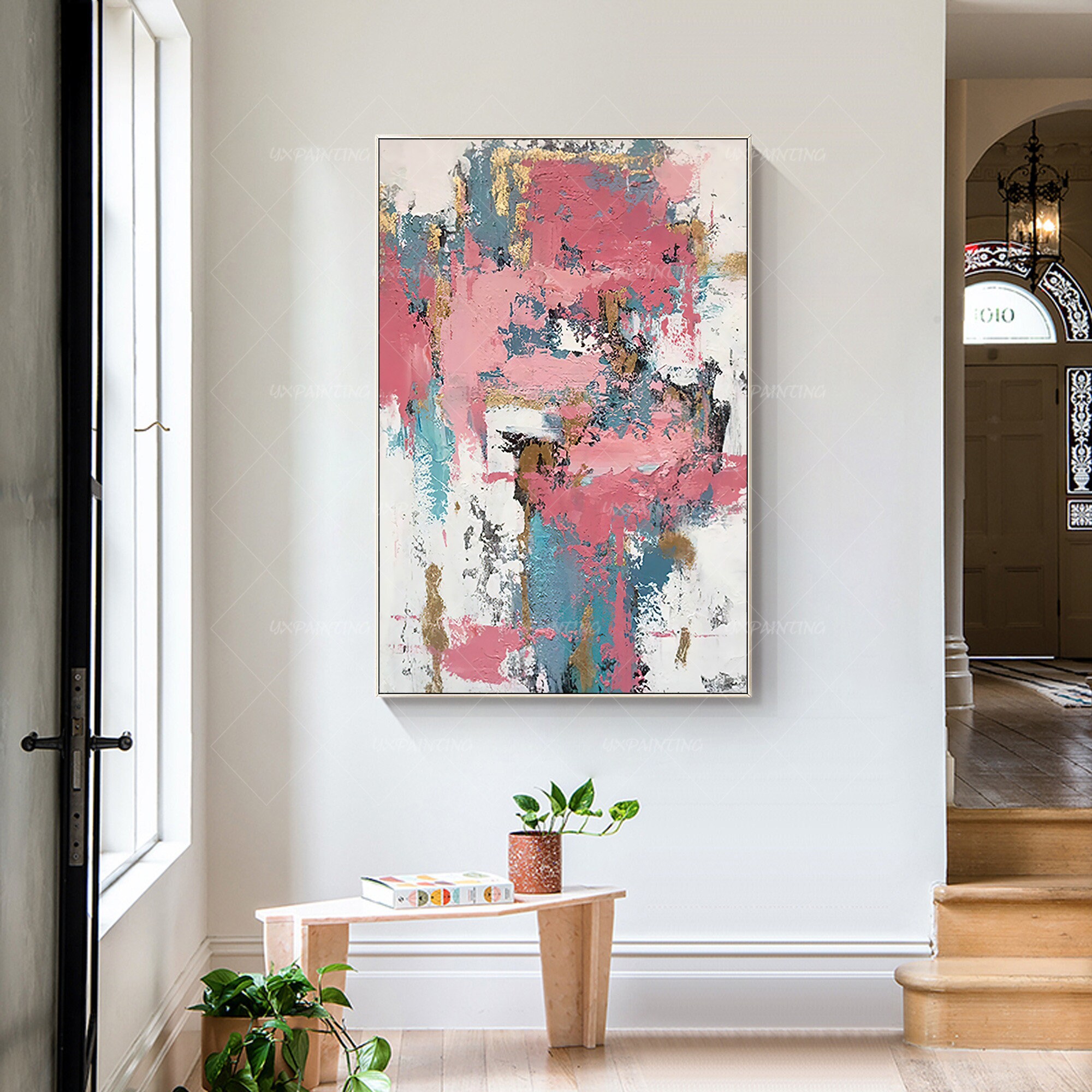 Large original oil painting modern art pink light blue wall | Etsy