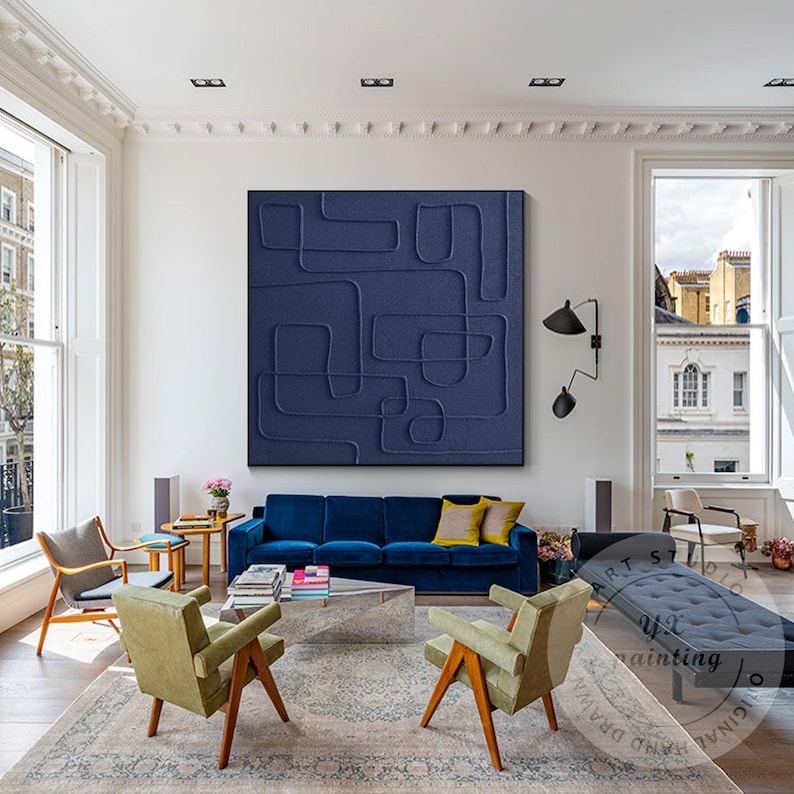 Original Navy Blue Abstract Canvas Art, Square 3D Textured Painting ...
