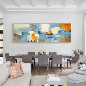 Blue Orange Colorful Geometric Painting on Canvas, Long Horizontal ...