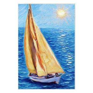 Sailboat Original Texture Painting on Canvas, Blue Seascape Painting ...