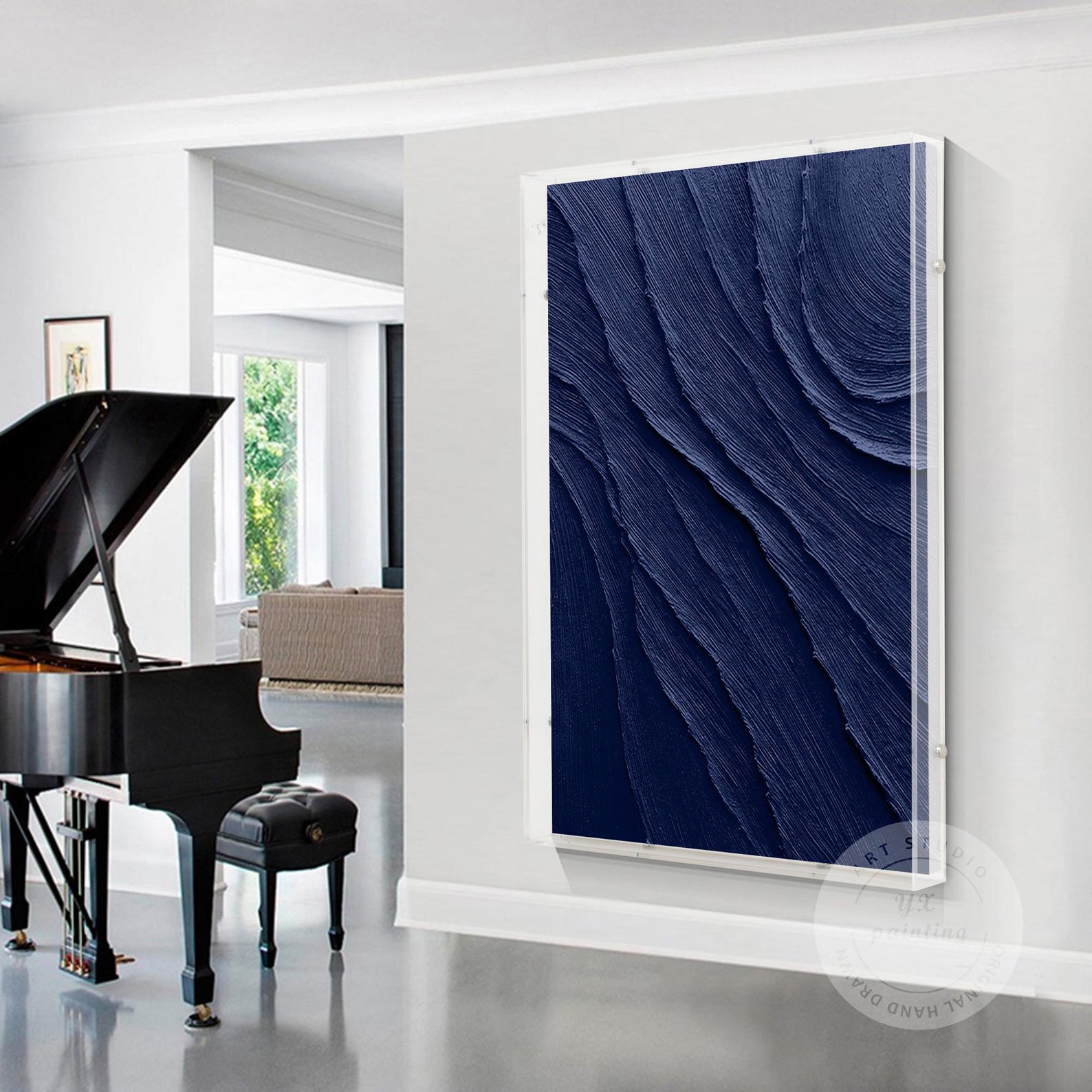 Navy Blue Art With a Acrylic Shadow Box Frame, Minimalist Painting on ...