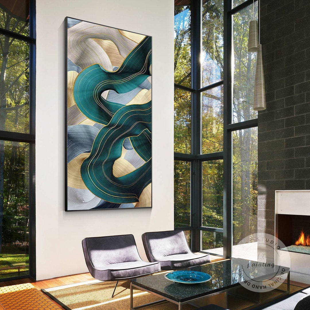 Turquoise Beige Ribbon Original Painting on Canvas, Ribbon Wall Art ...