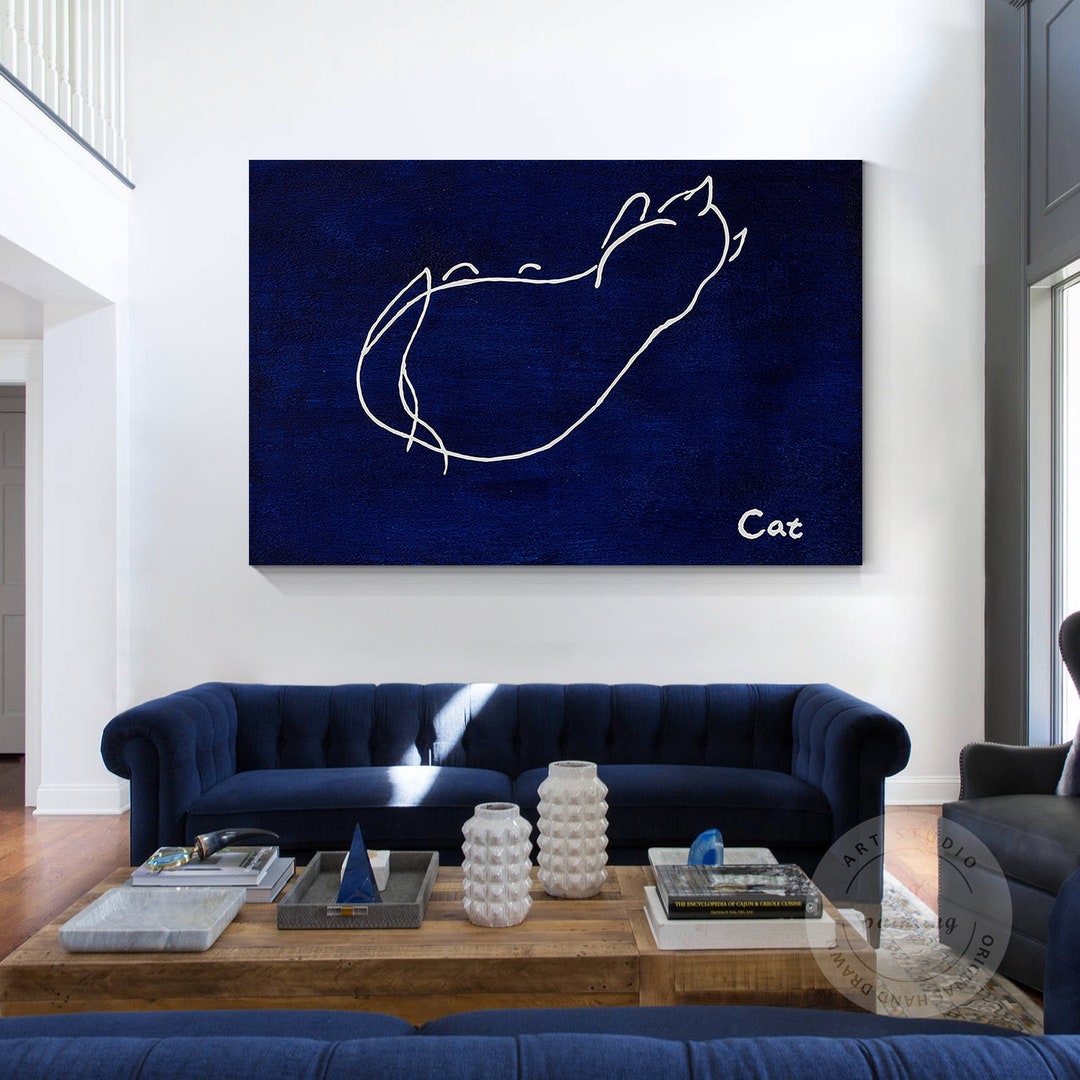 Navy Blue Cat Line Drawing Original Painting on Canvas, Extra Large ...