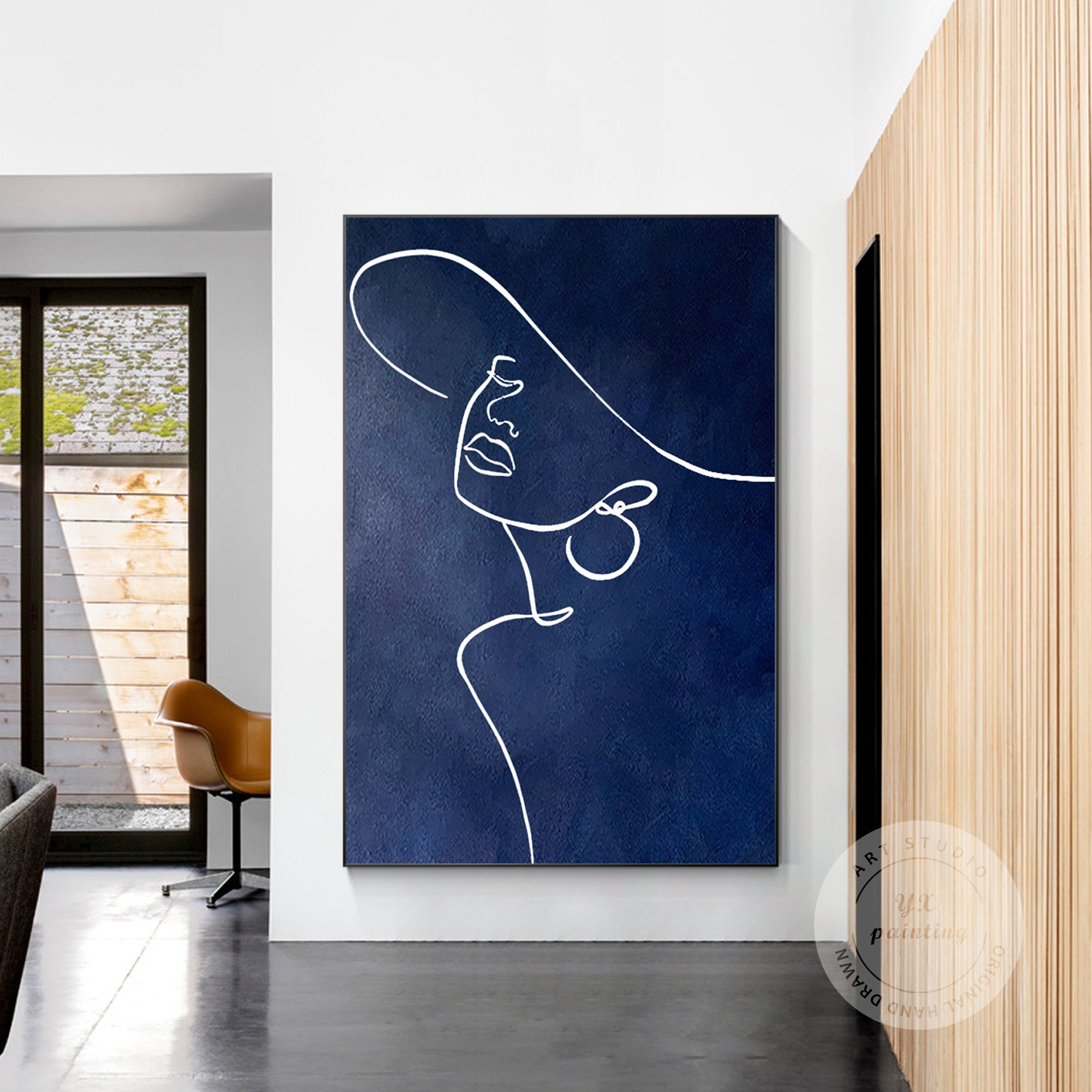 Navy Blue Woman Line Drawing Original Painting on Canvas - Etsy